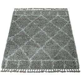 Hochflor-Teppich Paco Home "Nador 755", grau, B:160cm H:54mm L:230cm, Polyester, Teppiche, Hochflor-Teppich, weicher Shaggy mit Rauten Design und Fransen