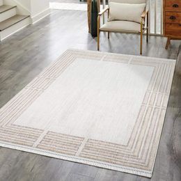 Teppich Carpet City "CLASICO 9068", beige, B:140cm H:11mm L:200cm, Obermaterial: 100% Polyester, Teppiche, Teppich, L&auml;ufer, Kurzflor, Hochtief-Muster, Boho, Fransen, Wohnzimmer