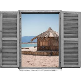 Wandtattoo queence "H&uuml;tte am Meer", beige (natur), B:80cm H:60cm T:0,1cm, Wandtattoos, Wandtattoo, Wandsticker, Wandbild, selbstklebend, 3D, Fenster