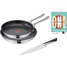 Pfannen-Set Tefal "Jamie Oliver Cook Smart", grau (edelstahl), B:35,5cm H:15,5cm L:51,3cm &Oslash;:28cm, Pfannen, Pfannen-Set, stilvolle Edelstahl-Pfannen, inkl. Kochmesser, Rezeptbuch