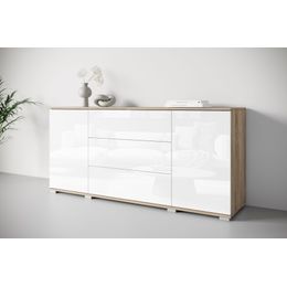 Sideboard OTTO HOME "Kenia, Kommode f&uuml;r das Schlafzimmer/Wohnzimmer", wei&szlig; (eiche sonoma, wei&szlig; hochglanz), B:150cm H:69cm T:39cm, FSC-zertifizierter Holzwerkstoff, Hartfaserplatte, Kunststoff, Sideboards, Sideboard, Modernes Sideboard mit 3 Schubladen und 4 F&auml;chern, Breite 150 cm