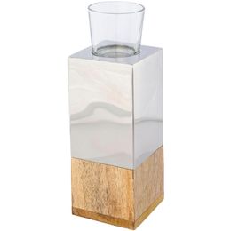 Teelichthalter CREATIV HOME "Kerzenhalter Tower", silber (silberfarben), B:8cm H:23cm T:8cm, Edelstahl, Glas, Kerzenhalter, Teelichthalter, aus Holz, Edelstahl und Glas
