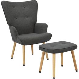 Ohrensessel OTTO HOME "PERHAM, Sessel mit Hocker im Set, Knopfheftung, Massivholz-F&uuml;&szlig;e", grau (anthrazit), B:68cm H:99cm T:73cm, metal frame, plywood, foam, fabric, rubber solid leg, Sessel, Ohrensessel, komfortabler Relaxsessel und Sitz-Hocker mit Strukturbezug