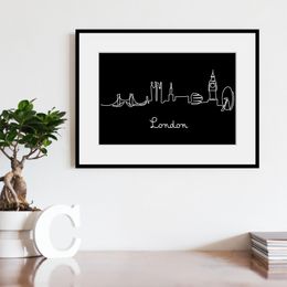 Bild queence "London Skyline", schwarz (farbe rahmen: schwarz, farbe bild(er): schwarz), B:70cm H:50cm, Acrylglas, Holz, Papier, Bilder, Bild, HD Premium Poster-Druck inkl. Holzrahmen
