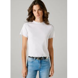 T-Shirt Pepe Jeans "NORA", Damen, Gr. M, wei&szlig;, Feinripp, Obermaterial: 95% Baumwolle, 5% Elasthan, unifarben, figurbetont h&uuml;ftlang, hoch geschlossener Ausschnitt, gewellter Abschluss, Shirts T-Shirt, mit gewellten Abschl&uuml;ssen