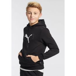 Kapuzensweatshirt Puma "ESS+ LOGO LAB CAT HOODIE FL B", Jungen, Gr. 128, schwarz (Puma schwarz), Fleece, Obermaterial: 66% Baumwolle, 34% Polyester, bedruckt, regular fit normal, Rundhals, angesetztes B&uuml;ndchen, Sweatshirts Kapuzensweatshirt, f&uuml;r Jugendliche, mit Print-Applikation, mit Rundhalsausschnitt