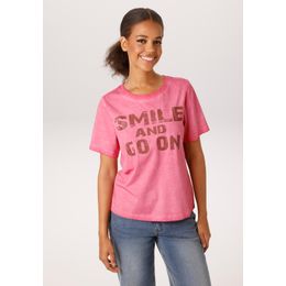 T-Shirt Aniston CASUAL, Damen, Gr. 46, pink (pink, braun), Single Jersey, Obermaterial: 100% Baumwolle, Abriebeffekte, bedruckt, figurumspielend h&uuml;ftlang, Rundhals, Shirts T-Shirt, in trendiger Oil-dyed-Waschung - NEUE KOLLEKTION, Topseller