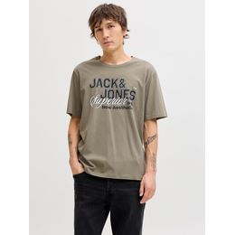 Jack & Jones Rundhalsshirt JACK & JONES "JJELOGO TEE SS O-NECK 2 COL SS26 SN", Herren, Gr. L, vetiver, Jersey, Obermaterial: 100% Baumwolle, bedruckt, unifarben, Rundhals, Shirts Rundhalsshirt, mit Grafikprint