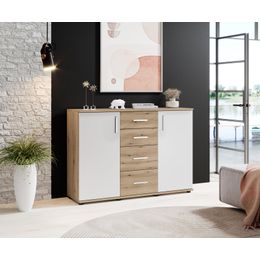 HBZ-MEBLE Kommode HBZ "BC-Drift-2, Sideboard Stellma&szlig; 120x84x35 cm", braun (eiche rustica), B:120cm H:84cm T:35cm, Holzwerkstoff, Sideboards, Kommode, Sideboard mit 2 T&uuml;ren, 4 Schubk&auml;sten, 2 Einlegeb&ouml;den