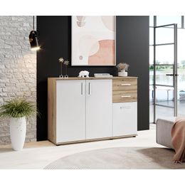 HBZ-MEBLE Kommode HBZ "BC-Drift-2, Sideboard Stellma&szlig; BxHxT 120x84x35 cm", braun (eiche rustica), B:120cm H:84cm T:35cm, Holzwerkstoff, Sideboards, Kommode, Kommode mit 3 T&uuml;ren, 2 Schubk&auml;sten und 1 Einlegeboden