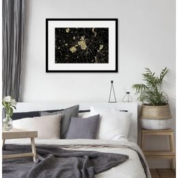 Bild queence "Landkarte", gold (farbe rahmen: schwarz, farbe bild(er): goldfarben), B:70cm H:50cm, Acrylglas, Holz, Papier, Bilder, Bild, HD Premium Poster-Druck inkl. Holzrahmen