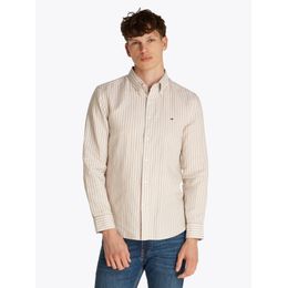 Langarmhemd Tommy Hilfiger "LINEN BLEND BOLD STRIPE", Herren, Gr. XL, N-Gr, beige (sandalwood, stripe), Web, Obermaterial: 57% Baumwolle, 43% Leinen, Manschette, Hemden Langarmhemd, mit feinen Streifen