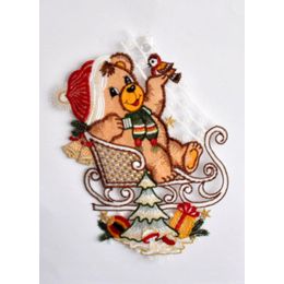 Fensterbild Stickereien Plauen "Teddy auf Schlitten", bunt, B:21cm H:30cm, Polyester, Fensterbilder, Fensterbild