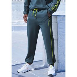 Sporthose, Herren, Gr. XL (56/58), XXL, petrol, Sweatware, Obermaterial: 50% Polyester, 45% Baumwolle, 5% Elasthan, LE JOGGER PERFORMANCE, bedruckt, kontrastfarbene Details, unifarben mit Farbeinsatz, bequem lang, Hosen Sporthose, mit praktischen Rei&szlig;verschlusstaschen und Kontrastdetails
