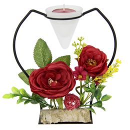 Teelichthalter I.GE.A. "Rose", rot, B:17cm H:19cm, Glas, Metall, Polyester, Kerzenhalter, Teelichthalter, Metall Glaseinsatz Teelichtkerze Kunstblumen Kerzenst&auml;nder Advent 3D