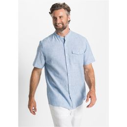 Kurzarmhemd bonprix, Herren, Gr. 41/42 (L), N-Gr, blau (hellblau meliert), Obermaterial: 55% Leinen, 45% Baumwolle, meliert, regular fit, Hemden Kurzarmhemd, Regular fit, aus Leinen-Baumwolle-Mix, mit Stehkragen