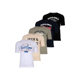 Jack & Jones T-Shirt JACK & JONES "T-Shirt JJLEOGRA TEE CREW NECK 5PK 5er Pack", Herren, Gr. M, bunt (schwarz, wei&szlig;, blau, gr&uuml;n, beige), Obermaterial: 100% Baumwolle CO., Shirts T-Shirt