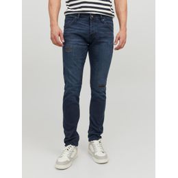Jack & Jones Slim-fit-Jeans JACK & JONES "JJIGLENN &ndash; Slim-Fit-Jeans mit niedriger Leibh&ouml;he", Herren, Gr. 36, L&auml;nge 34, blau (denim, blau), Denim/Jeans, Obermaterial: 98% Baumwolle, 2% Elasthan, Abriebeffekte, slim fit, Jeans Slim-fit-Jeans, Used, modisch, slim fit, Denim/Jeans