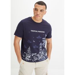 T-Shirt bonprix "T-Shirt aus reiner Baumwolle", Herren, Gr. 60/62 (XXL), blau (dunkelblau bedruckt), Obermaterial: 100% Baumwolle, regular fit, Shirts T-Shirt, Regular Fit, Kurzarm, Rundhalsausschnitt, aus Baumwolle