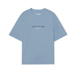 Jack & Jones T-Shirt JACK & JONES "JORBILLYBURG TEE SS CREW NECK FST", Herren, Gr. M, blau (skyway), Jersey, Obermaterial: 100% Baumwolle, bedruckt, regular fit normal, Rundhals, Shirts T-Shirt