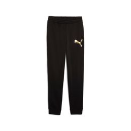 Trainingshose Puma "ESS METALLIC SWEATPANTS FL", Damen, Gr. S, N-Gr, Puma schwarz, metallic gold, Fleece, Obermaterial: 68% Baumwolle, 32% Polyester, unifarben, regular fit normal, Hosen Trainingshose, sportlicher Stil, f&uuml;r vielseitige Aktivit&auml;ten, mit Nahttaschen