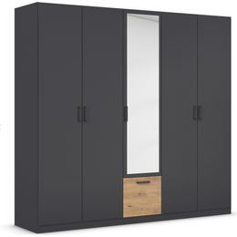Dreht&uuml;renschrank Rauch "Kleiderschrank Schrank Garderobe W&auml;scheschrank BARI mit Spiegel", grau (graumetallic, eiche artisan), B:225cm H:210cm T:54cm, Holzwerkstoff, Schr&auml;nke, Dreht&uuml;renschrank, mit Schubasten mittig, moderner Griff in Graumetallic MADE IN GERMANY