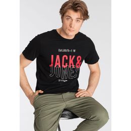 Jack & Jones T-Shirt JACK & JONES "JCOKOMPO Kurzarm-Design mit Print und optimaler Passform", Herren, Gr. L, schwarz, Single Jersey, Obermaterial: 100% Baumwolle, Basic schmal normal, Rundhals, Shirts T-Shirt, Print, modisch, regular fit, Baumwolle, Rundhals