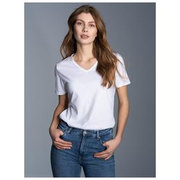 T-Shirt TRIGEMA "TRIGEMA V-Shirt Slim Fit", Damen, Gr. L, wei&szlig;, Single Jersey, 100% Baumwolle, Basic, lang, V-Ausschnitt, Shirts T-Shirt