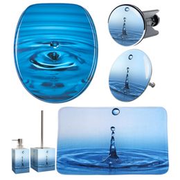 Badaccessoire-Set Sanilo "Wassertropfen", blau, MDF, Polyester, Polyresin (Kunststein), Badaccessoires-Sets, Badaccessoire-Set, bestehend aus WC-Sitz, Badteppich, St&ouml;psel, Seifenspender, WC-B&uuml;rste
