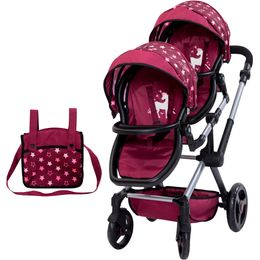 Puppen-Zwillingsbuggy BAYER "Xeo Twin bordeaux", rot (bordeaux), Puppenwagen, KinderB:35cm H:76,5cm T:80cm, Kunststoff, Metall, Stoff, Puppen-Zwillingsbuggy, mit Wickeltasche, B:35cm H:76,5cm T:80cm, Topseller