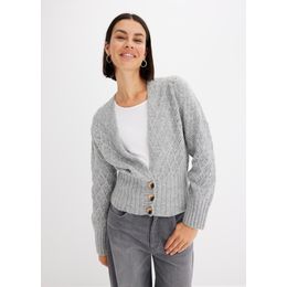 Strickjacke bonprix "Feinstrickjacke", Damen, Gr. 40/42 (M), grau (hellgrau meliert), Obermaterial: 76% Polyacryl, 24% Polyester, loose fit, Strickjacken Strickjacke, Loose Fit, Feinstrick, mit breitem B&uuml;ndchen, pflegeleicht