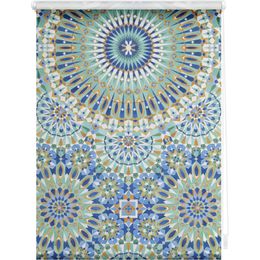 Seitenzugrollo LICHTBLICK ORIGINAL "Rollo Klemmfix, ohne Bohren, blickdicht, Orientalische Muster", blau (blau, gr&uuml;n, wei&szlig;), B:120cm H:150cm, Polyester, Rollos, Seitenzugrollo