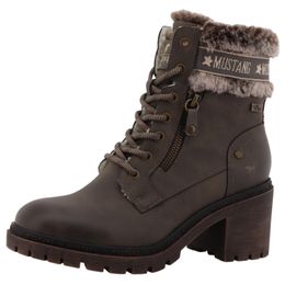 Winterstiefelette Mustang Shoes "Leila", Damen, Gr. 39, braun (lavabraun), Lederimitat, Textil, Schuhe Winterstiefelette, Winterstiefel mit Kunstfellkragen und Blockabsatz
