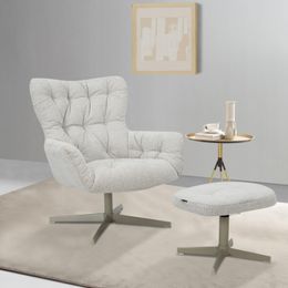 Drehsessel Home Affaire "VERGAS Ohrensessel mit Hocker im Set", beige, B:85cm H:88cm T:80cm, metal frame, plywood, foam, fabric, metal base, Sessel, Drehsessel, Relaxsessel mit 360-Grad-Drehfunktion u. Hocker, Web-Stoff
