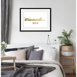 Bild queence "Berlin Skyline GOLD", gold (farbe rahmen: schwarz, farbe bild(er): goldfarben), B:40cm H:30cm, Acrylglas, Holz, Papier, Bilder, Bild, HD Premium Poster-Druck inkl. Holzrahmen
