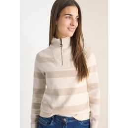 Troyer Cecil, Damen, Gr. XS (36), desert beige melange, Strick, Obermaterial: 37% Baumwolle, 34% Polyacryl, 26% Polyester, 3% Elasthan, gestreift, bequem normal, ohne Ausschnitt, Pullover Troyer, gestreift, bequem, mit Zipper am Kragen