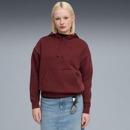 Kapuzensweatshirt Puma "ESS ELEVATED RELAXED WASH HOODIE FL", Damen, Gr. S, rot (ruby shimmer), Fleece, Obermaterial: 66% Baumwolle, 34% Polyester, bedruckt, relaxed fit normal, angesetztes B&uuml;ndchen, Sweatshirts Kapuzensweatshirt, mit Print-Applikationen, mit K&auml;ngurutasche, mit Kapuze