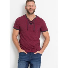 T-Shirt bonprix "T-Shirt mit Schn&uuml;rung aus Baumwolle", Herren, Gr. 56/58 (XL), blau (dunkelblau, dunkelrot meliert), Obermaterial: 100% Baumwolle, regular fit, Shirts T-Shirt, regular fit, Kurzarm-Design, mit Schn&uuml;rung am Ausschnitt