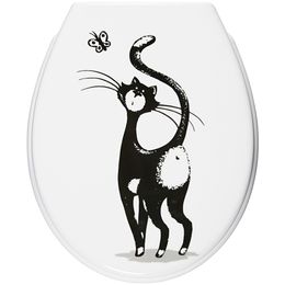 WC-Sitz ADOB "Katze", schwarz-wei&szlig; (wei&szlig;, schwarz), B:37cm H:5cm L:44cm, Duroplast, Edelstahl, WC-Sitze, WC-Sitz, Absenkautomatik, zur Reinigung abnehmbar