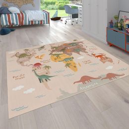 Kinderteppich Paco Home "Bino 583", beige, B:200cm H:4mm L:200cm, Polyester, Teppiche, Kinderteppich, Spielteppich, Motiv Weltkarte & Dinosaurier, Kinderzimmer