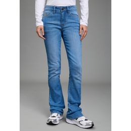 Bootcut-Jeans Arizona "Baby-Boot", Damen, Gr. 20, K + L Gr, blau used, Denim/Jeans, Obermaterial: 79% Baumwolle, 19% Polyester, 2% Elasthan, unifarben, Basic, eng lang, Jeans Bootcut-Jeans, Bootcut-Stil, figurbetonte Passform, mit Used-Effekten, Topseller