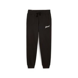 Trainingshose Puma "ESS+ SCRIPT PANTS FL", Damen, Gr. XS, N-Gr, schwarz (Puma schwarz, gold foil), Fleece, Obermaterial: 68% Baumwolle, 32% Polyester, bedruckt, regular fit normal, Hosen Trainingshose, f&uuml;r entspanntes Loungen, mit Eingrifftaschen, mit Grafik-Print