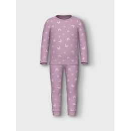 Schlafanzug name it "NMFNIGHTSET PINK BUTTERFLY RIB NOOS", M&auml;dchen, Gr. 86 (92), rosa (pink lavender), Jersey, Obermaterial: 95% Baumwolle, 5% Elasthan, bedruckt, regular fit normal, Rundhals, normaler Saum, Homewear-Sets Schlafanzug