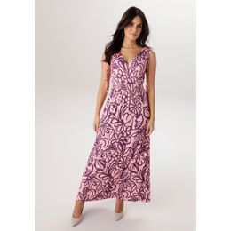 Sommerkleid Aniston SELECTED, Damen, Gr. 44, N-Gr, rosa, lila, Single Jersey, Obermaterial: 95% Viskose, 5% Elasthan, bedruckt, gebl&uuml;mt, gemustert, figurumspielend kn&ouml;chellang, V-Ausschnitt, verstellbar, Kleider Sommerkleid, mit breiten Tr&auml;gern zum Raffen - NEUE KOLLEKTION