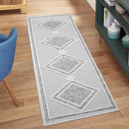 Teppich Carpet City "LINDO 8853", grau, B:80cm H:11mm L:300cm, Obermaterial: 100% Polyester, Teppiche, Teppich, Kurzflor, Hochtief-Muster/ 3D-Effekt, Fransen, Boho-Stil, Wohnzimmer
