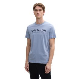 Rundhalsshirt Tom Tailor, Herren, Gr. S, blau (dove blau), Single Jersey, Obermaterial: 100% Baumwolle, bedruckt, regular fit h&uuml;ftbedeckend, Rundhals, Shirts Rundhalsshirt, mit Logoprint, Topseller