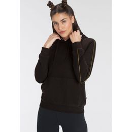 Kapuzensweatshirt Puma "ESS TAPE MINIMAL GOLD HOODIE FL", Damen, Gr. M, schwarz (Puma schwarz), Fleece, Obermaterial: 66% Baumwolle, 34% Polyester, unifarben, comfort fit normal, angesetztes B&uuml;ndchen, Sweatshirts Kapuzensweatshirt, mit Metallic-Akzenten, mit verstellbarer Kapuze, Relaxed Fit