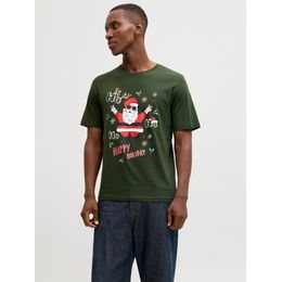 Jack & Jones Rundhalsshirt JACK & JONES "JJCHRISTMAS TEE SS CREW NECK XMAS", Herren, Gr. M, kombu gr&uuml;n, Jersey, Obermaterial: 100% Baumwolle, bedruckt, regular fit normal, Rundhals, Shirts Rundhalsshirt, mit weihnachtlichem Druck