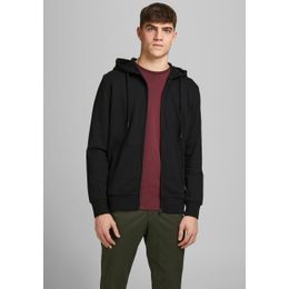 Jack & Jones Kapuzensweatjacke JACK & JONES "JJEBASIC Hoodie mit Rippb&uuml;ndchen und angenehmem Tragegef&uuml;hl", Herren, Gr. XL, schwarz, Sweatware, Obermaterial: 85% Baumwolle, 15% Polyester, unifarben, normal h&uuml;ftbedeckend, Rundhals, Rippb&uuml;ndchen, Sweatjacken Kapuzensweatjacke, unifarben, modisch, regular fit, Baumwollmischung, Rundhals