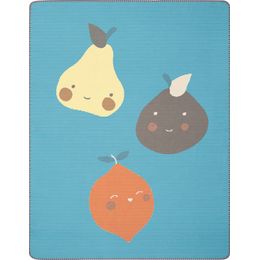 Babydecke Biederlack "Little Fruits", blau (blau, gelb), B:75cm L:100cm, Baumwolle, Polyacryl, Polyester, Wohndecken, Babydecke, mit lustigen Fr&uuml;chten, Kuscheldecke